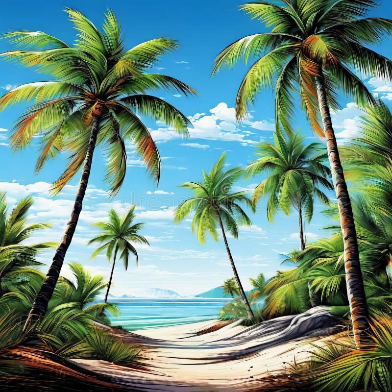 The Palm Trees Have Tall, Slender Trunks and Lush Stock Illustration ...