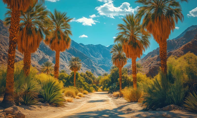 Palm Trees Lining Scenic Desert Pathway with Mountains in Background ...