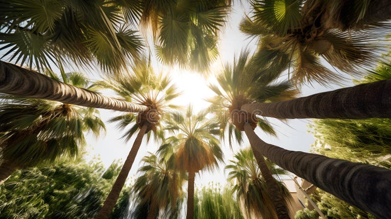 Coconut Palm Trees in Perspective View from Below and Sky Background with Sunlight, Illustrator ...