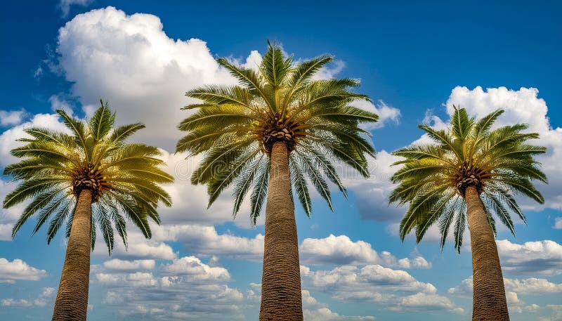 Palm Trees with Puffy Clouds and Clear Blue Sky Stock Illustration ...