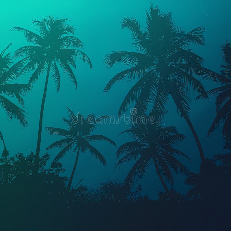 The Palm Trees Silhouette, Against a Gradient Blue-green Sky, Calming ...