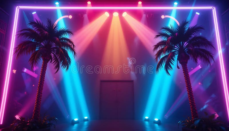 Palm Trees and Stage Lighting Create Vibrant Event Backdrop Design ...