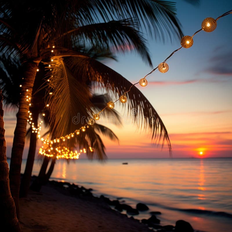 Palm Trees and String Lights, by the Ocean at Sunset Stock Photo ...