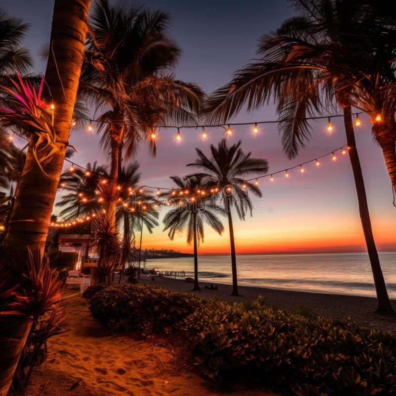 Palm Trees and String Lights, by the Ocean at Sunset Stock Photo ...