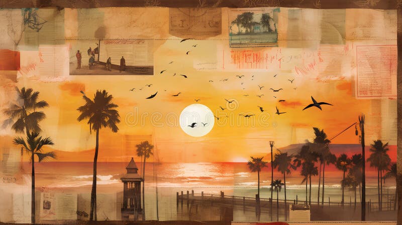 Palm Trees and Sunset Over the Sea, Vintage Collage. Stock Illustration ...