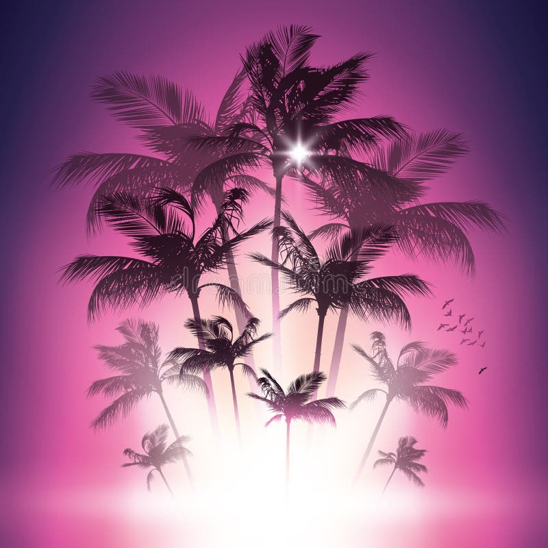 Tropical Palm Tree and Sunset Sky. Vector Illustration Stock Vector ...