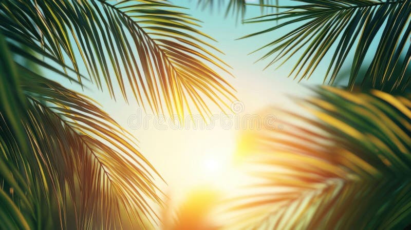 Palm Trees Sway Gently in the Golden Sunlight with Tropical Paradise ...