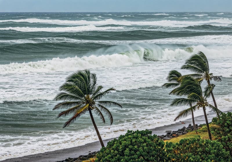 Palm Trees Swaying in Strong Winds by Stormy Ocean Waves Stock Photo - Image of greenery, energy ...