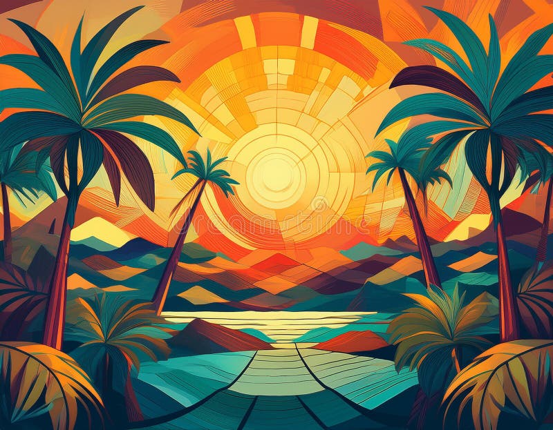 Palm Trees and Tropical Plants with Sunset Backdrop Stock Image - Image ...