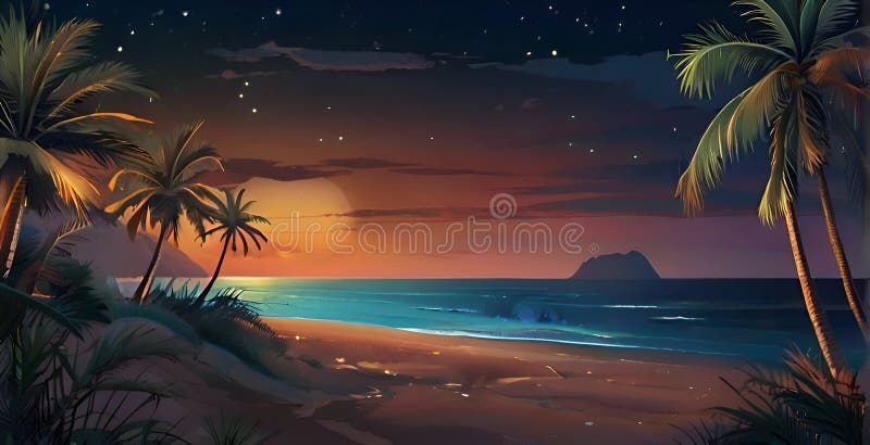 Palms at the Beach in Night Stock Illustration - Illustration of ...