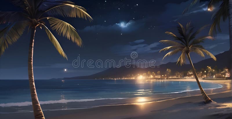 Palms at the Beach in Night Stock Illustration - Illustration of ocean ...