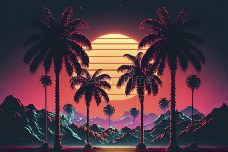 Palms and Beach Retro Style. Created with Generative Ai Technology ...