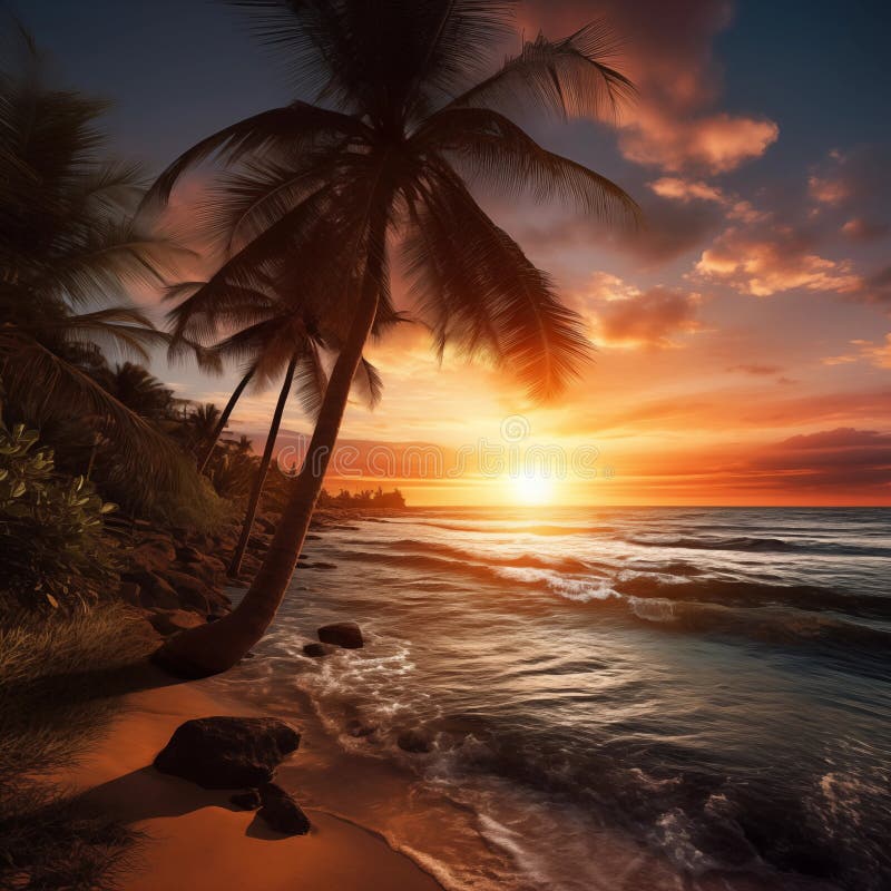 Palms on Beach and Sunset Over Sea Stock Photo - Image of tranquil ...