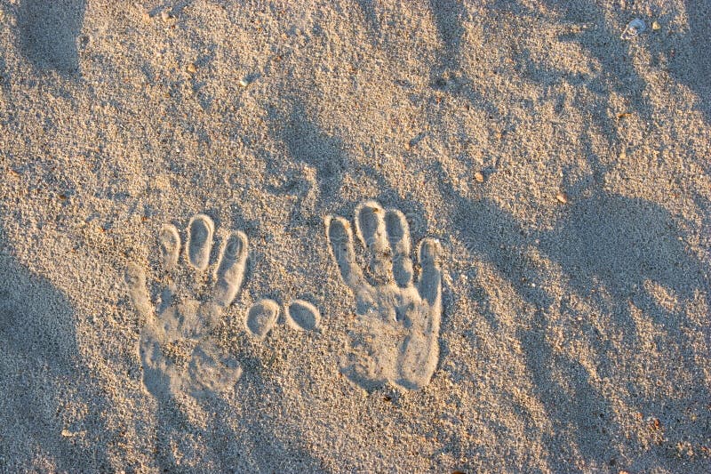 Palms Imprint on Beach Sand Stock Photo - Image of success, expression ...