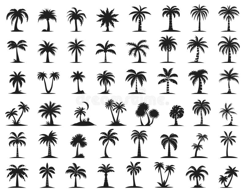 Palms Trees Icons. Beach Palm Tree Bending Black Silhouettes Isolated ...