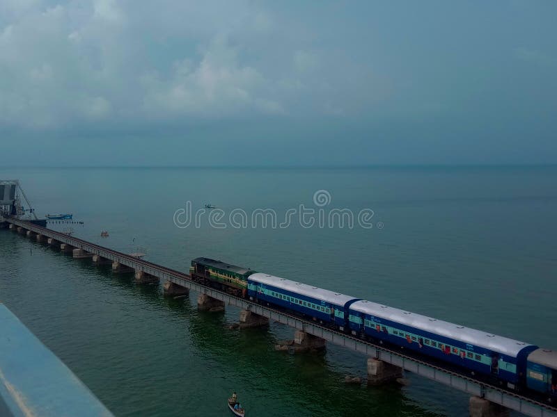 Pamban Bridge Passing Train Stock Photo - Image of rameswaram, connects ...