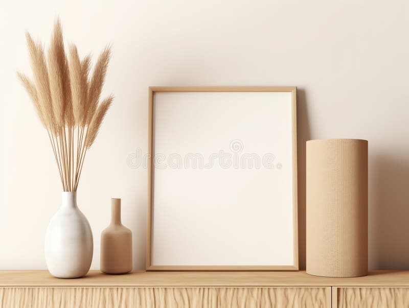 Pampas Grass in Vase and Vertical Frame on Wooden Shelf. Made with ...