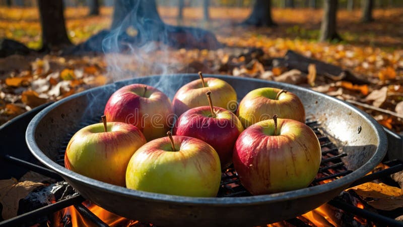 A Pan of Apples on a Grill Amidst Autumn Leaves, Emitting Smoke in a ...
