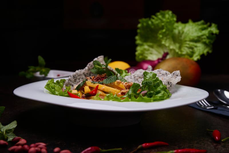 Pan-Asian Dish Setup on the Dark Table Stock Image - Image of thai ...