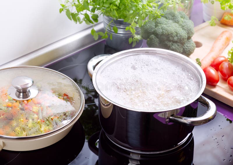 Pan of Boiling Water with Spaghetti on the Cooker Stock Image - Image ...