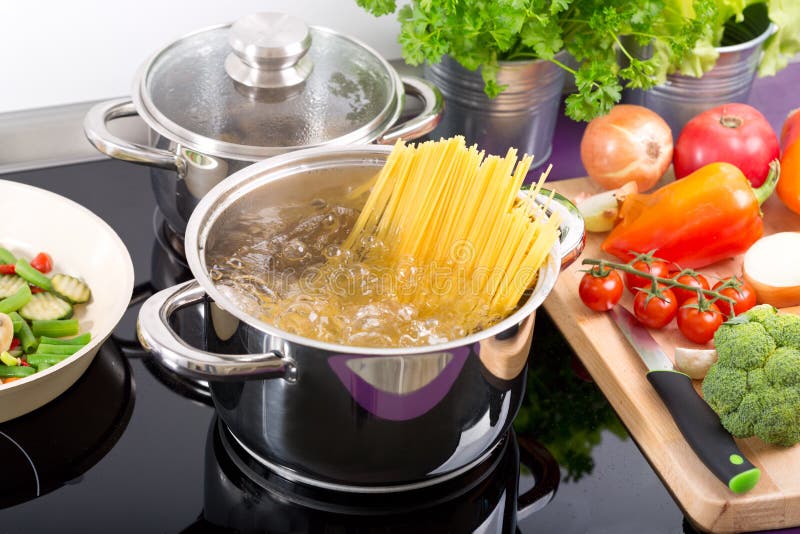 Pan of Boiling Water with Spaghetti Stock Image - Image of pepper ...