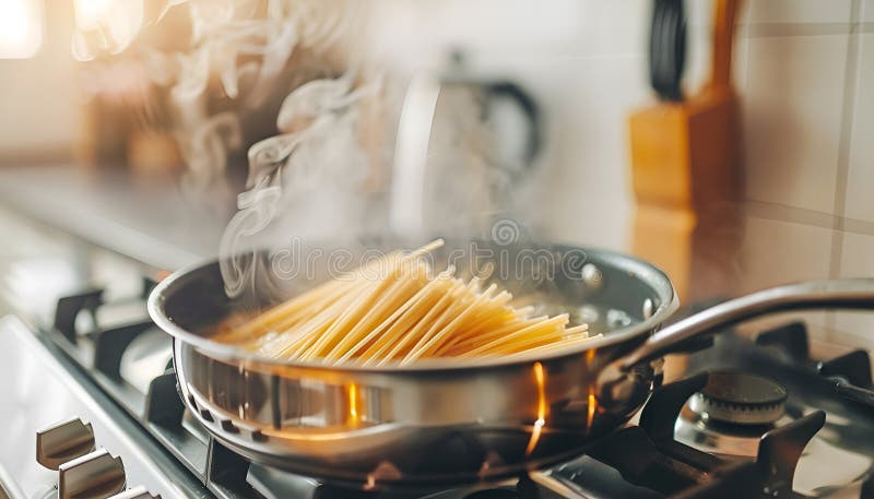 Pan of Boiling Water with Spaghetti on the Cooker in the Kitchen Stock ...