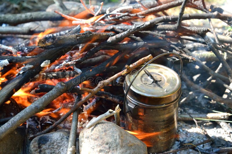 Pan on a bonfire. stock image. Image of journey, lifestyle - 58388925