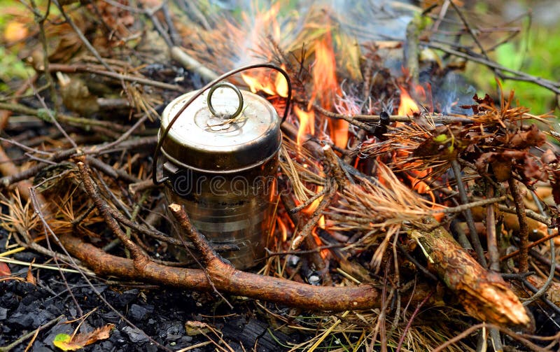 Pan on a bonfire. stock photo. Image of bonfire, picnic - 98454620