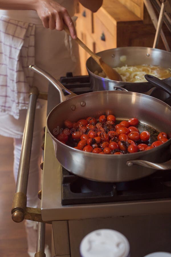 Pan with Caramelised Tomatoes Cherry Process of Cooking and Adding ...
