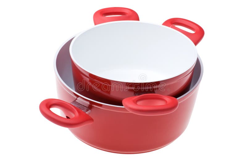 Red cooking pans and pots stock photo. Image of isolated - 27724504