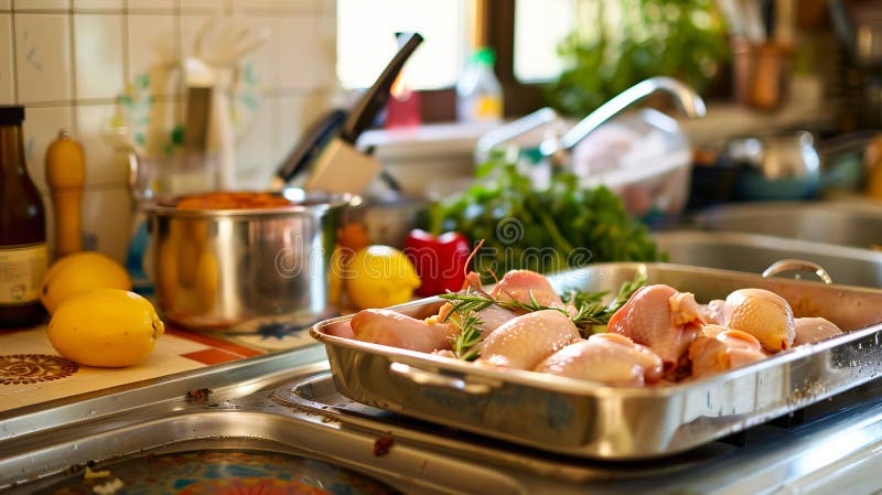 A Pan of Chicken on a Kitchen Counter Stock Image - Image of seafood ...