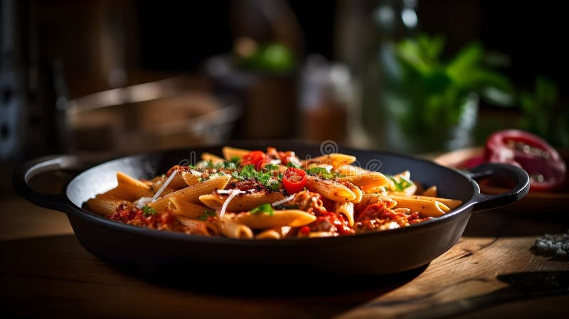 Pan with Cooked Mostaccioli Pasta. AI-generated Stock Illustration ...