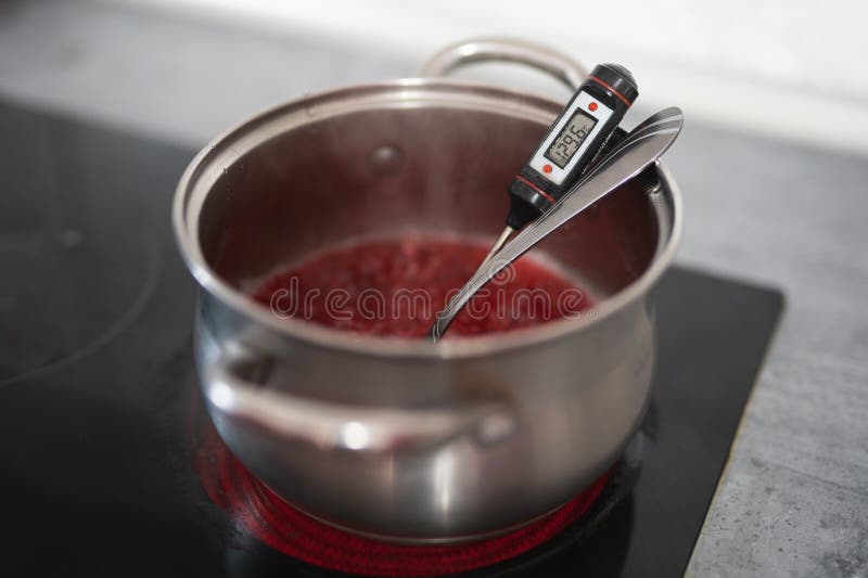 A Pan on an Electric Stove and a Thermometer Measures the Temperature ...