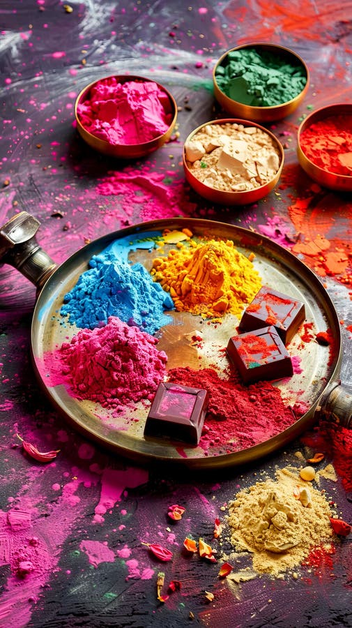 Pan Filled with Different Colored Powders on Top of Purple Table. AI ...