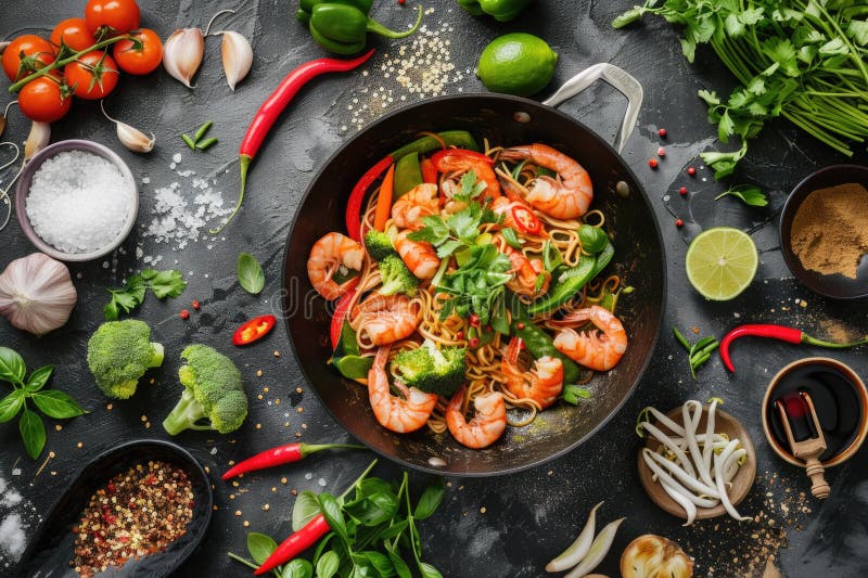 A Pan Filled with Shrimp and Vegetables on a Table. Suitable for Food ...