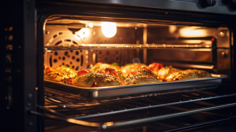 A Pan of Food in an Oven with the Door Open, AI Stock Image - Image of ...