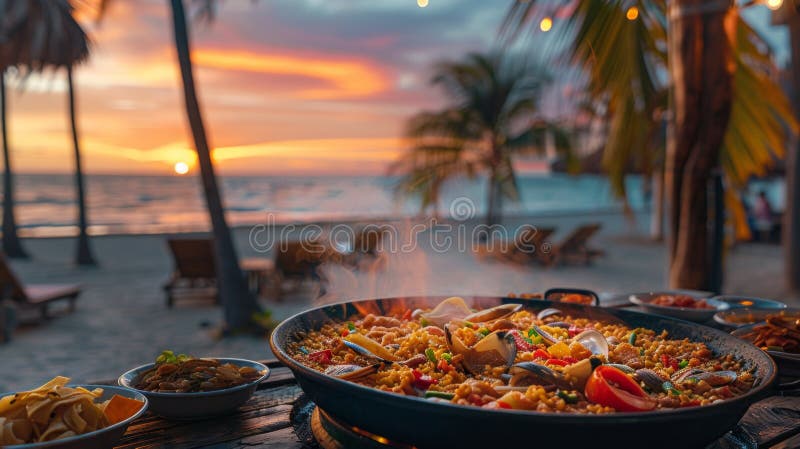 A Pan of Food on a Table at the Beach, AI Stock Photo - Image of flame ...