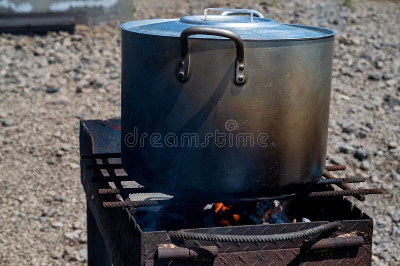Pan of Fresh Fish Broth Soup Cooked on the Open Fire Stock Photo ...