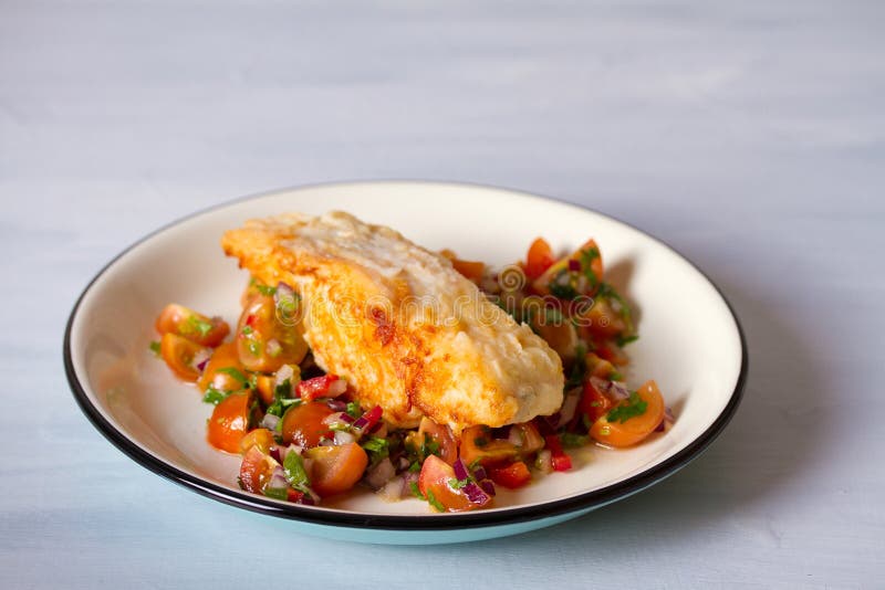 Pan Fried Cod Fish With Tomato Salsa. Stock Image - Image of irish ...