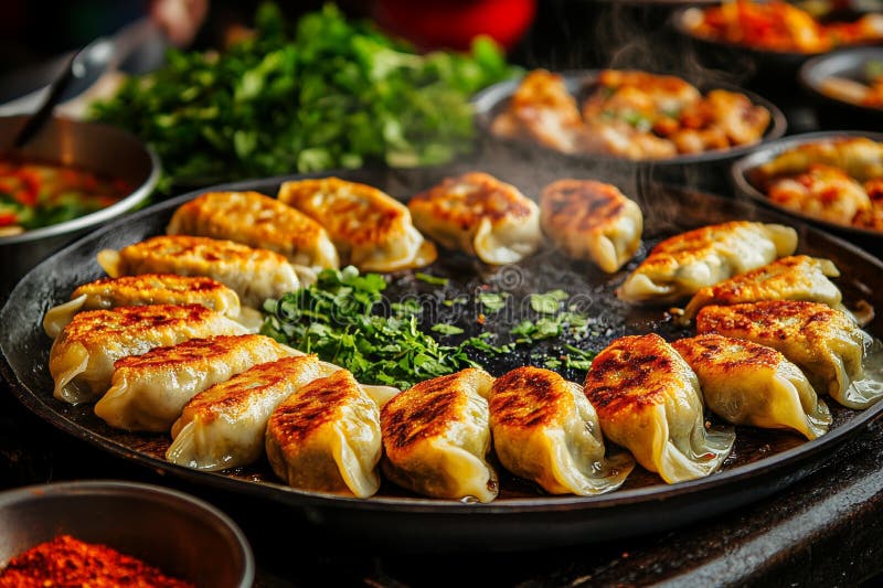 Pan-fried Dumplings Arranged in Circular Pattern with Fresh Herbs Stock ...