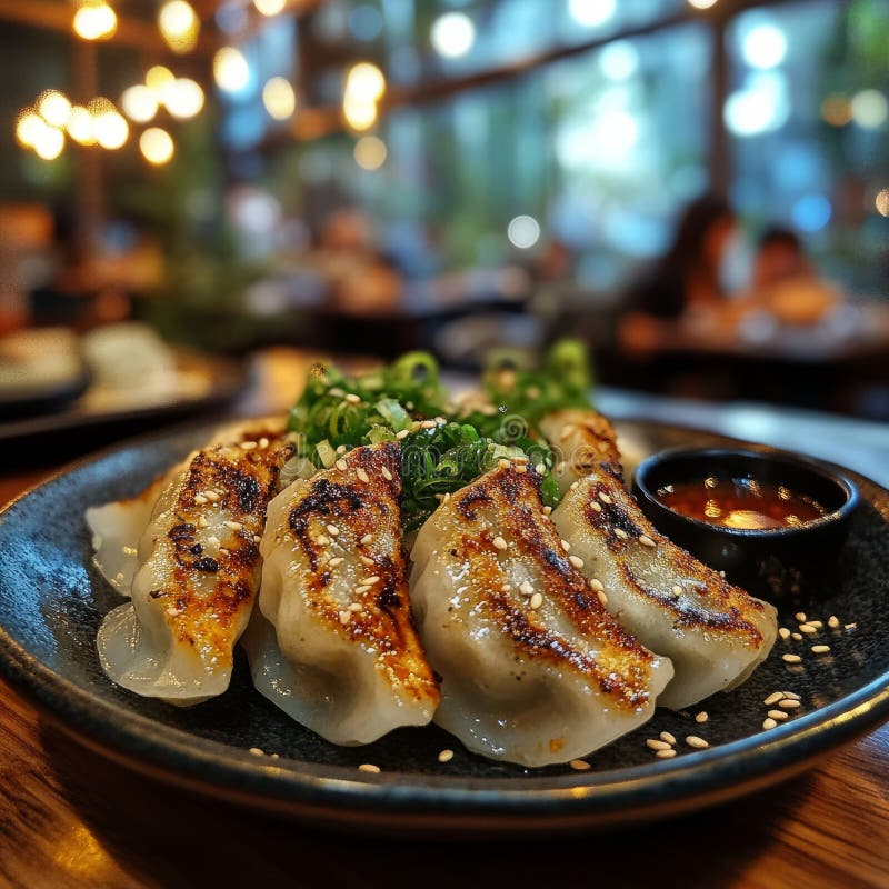 Pan-fried Dumplings with Sauce in a Cozy Restaurant Setting. Stock ...
