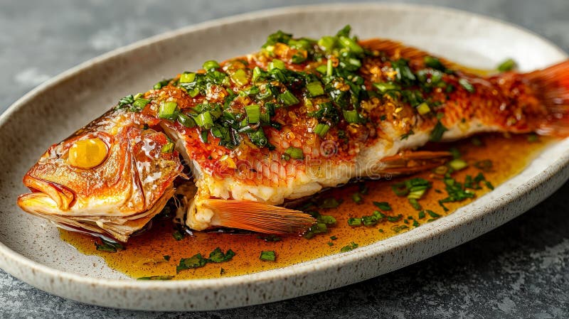 Pan Fried Fish Asian Sauce Gray Plate Stock Photos - Free & Royalty ...