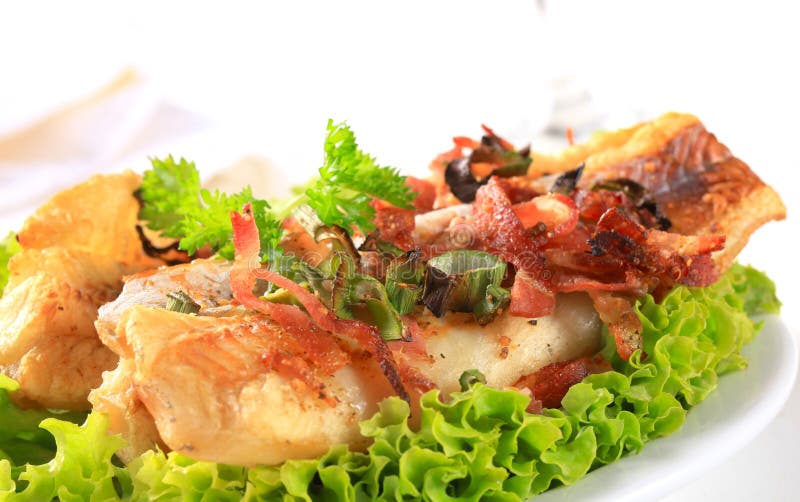 Pan Fried Fish Fillets with Bacon Bits Stock Image - Image of whiting ...