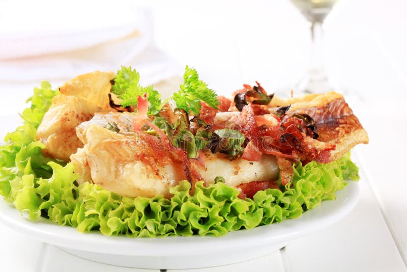 Pan Fried Fish Fillets with Bacon Bits Stock Image - Image of lunch ...