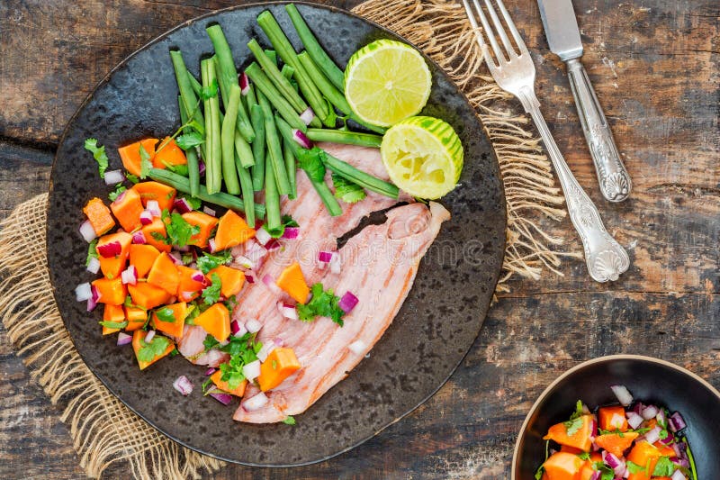 Pan Fried Gammon with Papaya Salsa Stock Photo - Image of vegetable ...