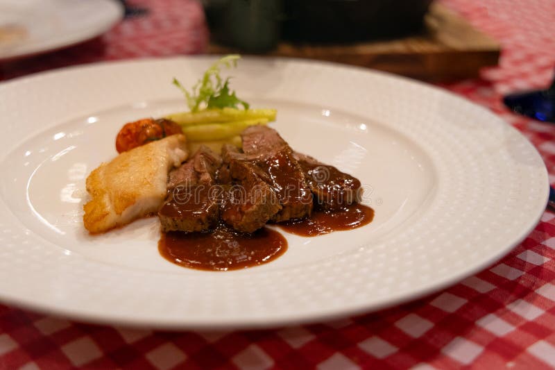 Pan-fried Steak and Cod with Black Pepper Sauce, Western Main Course ...