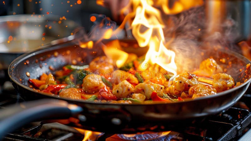 A Pan of a Frying Dish with Food on Fire in the Middle, AI Stock Photo ...