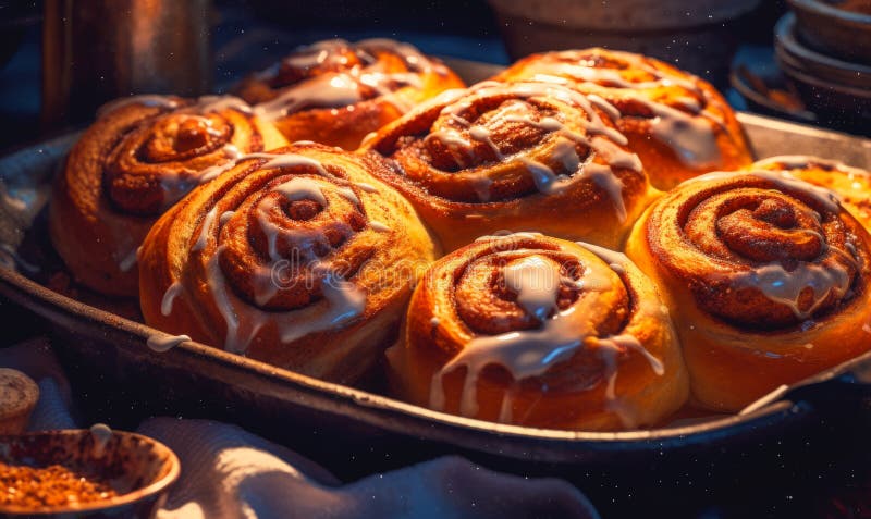 Pan Full of Cinnamon Rolls with Icing on Top of Table. Generative AI ...