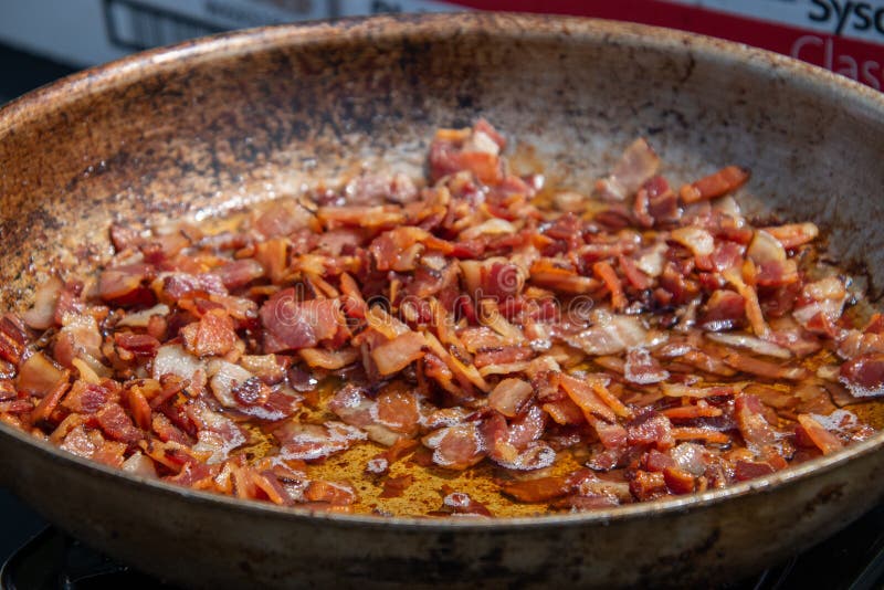 Pan Full of Pieces of Bacon and Onion with Puddle of Grease Frying ...