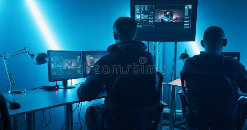 Secret Base with Hackers Working in Night Stock Image - Image of ...
